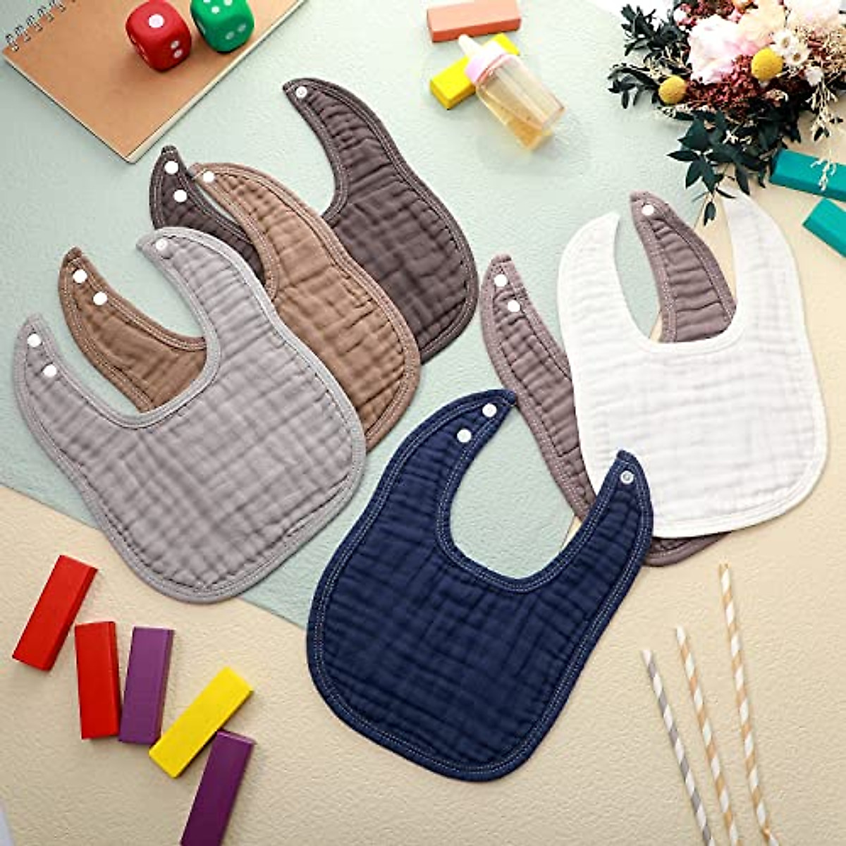 Frienda 6 Pcs Muslin Bibs Baby Burping Cloth Teething Bibs Bandana Bibs 6 Absorbent Layers Muslin Bibs for 6 Month+ Baby (Gray Series)