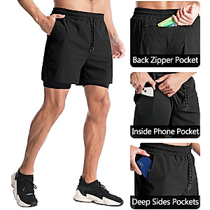 Aolesy Men’s 2 in 1 Running Shorts 5 Inch Workout Gym Athletic Shorts for Men Quick Dry Lightweight Training Shorts with Pockets Black