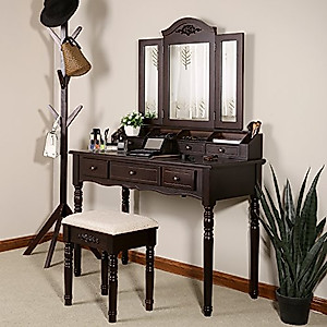 VASAGLE Vanity Makeup Set with 7 Drawers, 2 Brush Slots and 4 Open Compartments, Tri-Folding Mirror, Dark Espresso