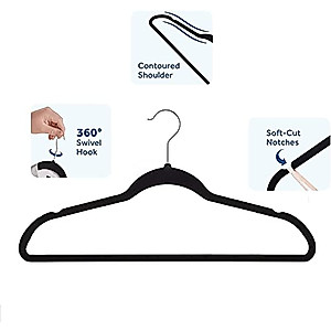 Velvet Hangers 50 Pack, Non Slip Hangers Space Saving with 360 Degree Chrome Swivel Hook, Smooth Heavy Duty Clothes Hangers for Skirts Coats Pants Scarves Shirts Laundry, Hold up to 10 Lbs, Black