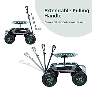 Endynino Rolling Garden Cart Wagon Scooter Lawn Yard Patio Work Seat Gardening Stool Cart with Extendable Steer Handle and Storage Basket, Adjustable 360° Swivel Seat Outdoor, Green