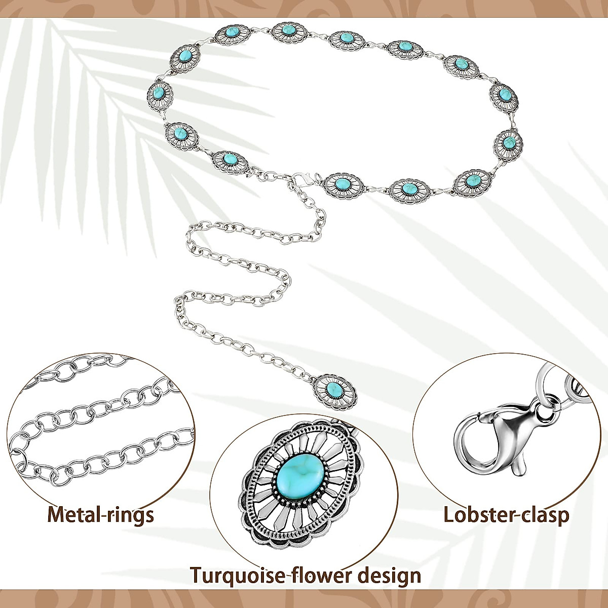 3 Pieces Western Belts for Women Turquoise Chain Belt Turquoise Concho Belts Metal Waist Belts Silver Boho Turquoise Hoop Earrings Western Turquoise Drop Statement Post Earrings Jewelry