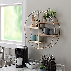 Linon Kenson Round Metal and Greywashed Wood Four Shelf Wall Storage in Gold
