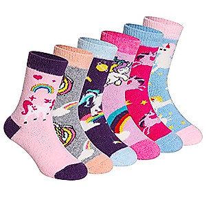 Children's Wool Socks Boys Girls Warm Winter Thick Cozy Thermal Heavy Boot Crew Socks For Kids Toddlers 6 Pairs(Unicorn,4-7 Years)
