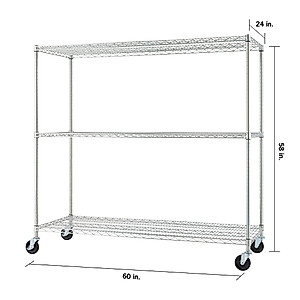 TRINITY Basics 3-Tier Adjustable Wire Shelving with Wheels for Kitchen Organization, Garage Storage, Laundry Room, NSF Certified, 600 to 1350 Pound Capacity, 60” by 24” by 54”, EcoStorage Chrome