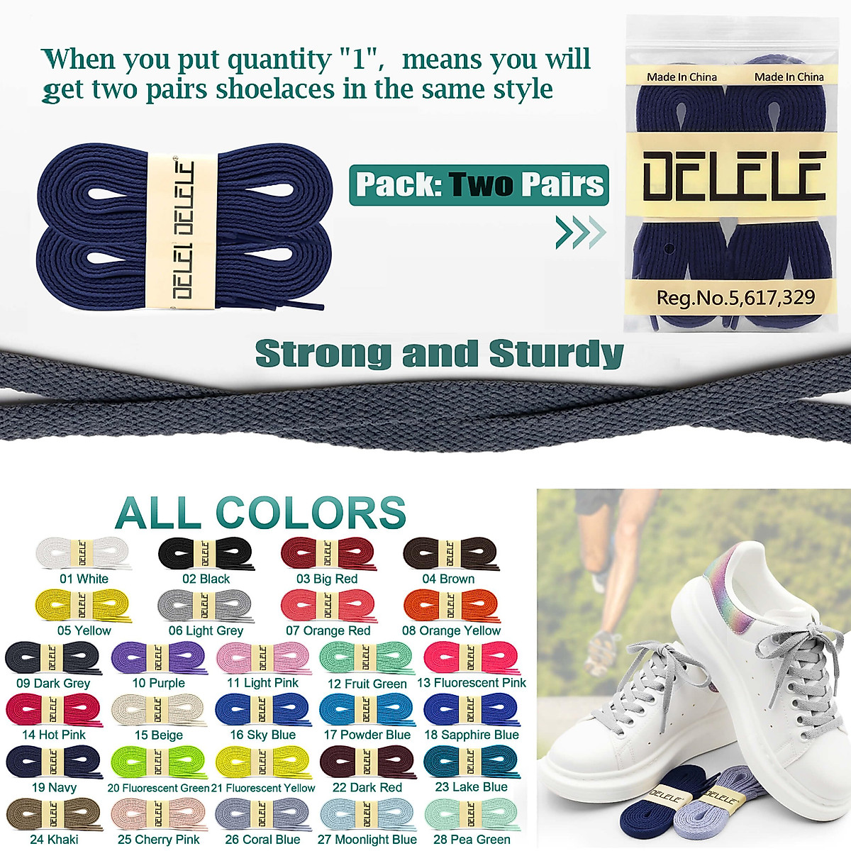 DELELE 2 Pair 24 inch Flat Shoe laces 5/16" Wide Shoelaces for Athletic Running Sneakers Shoes Boot Strings White