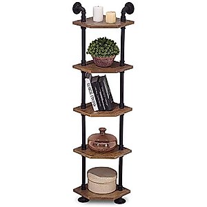 ivinta Industrial Bookcase Corner Shelf, 5 Shelf Wall Mount Pipe Bookshelf Solid Wood Shelves, Corner Standing Bookcase, Metal Display Stand