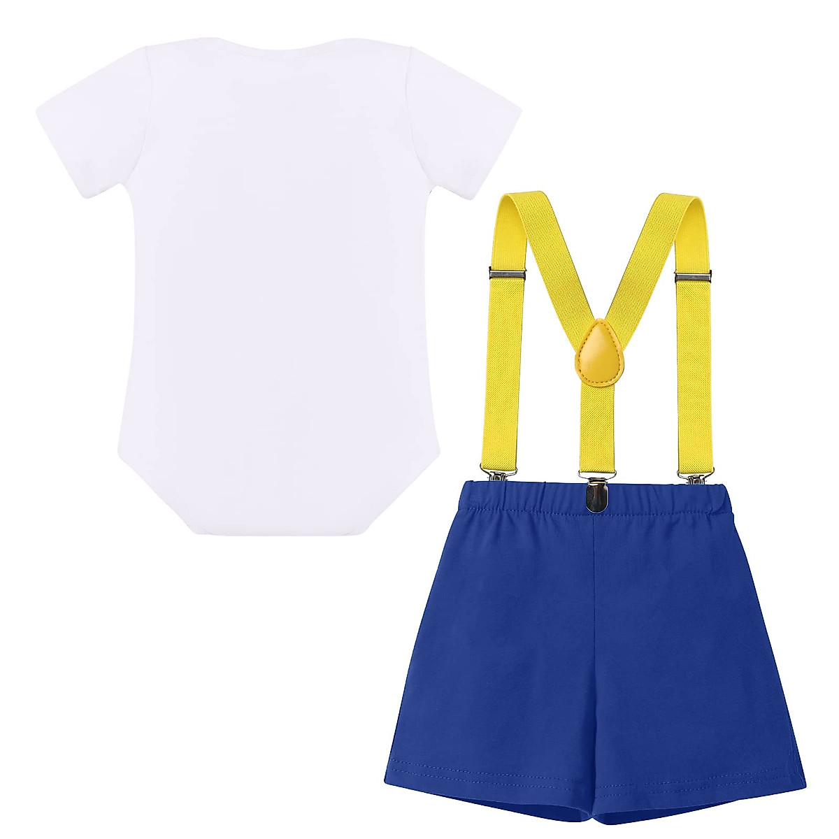 1st First Birthday Outfit Baby Boy Cake Smash One Year Old Party Newborn Toddler Bow Tie Cotton Short Sleeve Romper Shorts Pants Y-back Suspenders 3PCS Clothes Set Photo Shoot Royal Blue 12-18 Months