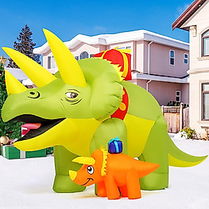 GOOSH 7.5 FT Length Christmas Inflatables Green Triceratops Dinosaur with Baby Dino, Blow Up Yard Decorations with Built-in LED Lights for Garden Lawn Outdoor Yard Xmas Winter Holiday