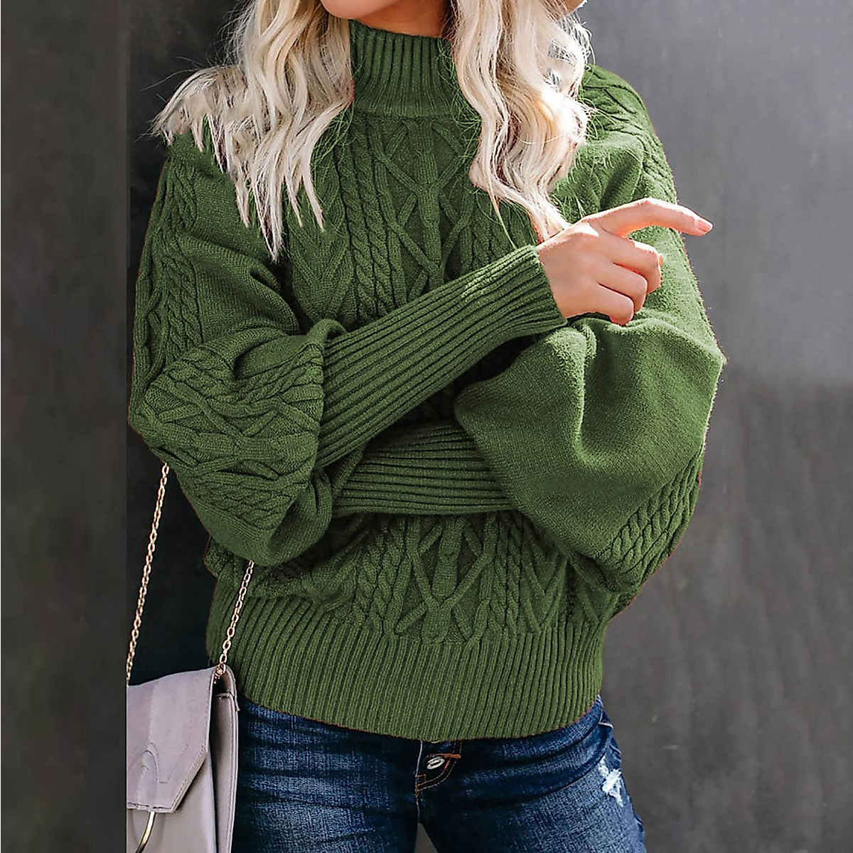 Casual Knitted Sweater Tops for Women Cable Knit Lantern Sleeve High Neck Sweaters Fall Winter Warm Pullover Jumpers Army Green