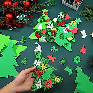 Outus 24 Kits DIY Christmas Tree Foam Stickers Bulk Self Adhesive Holiday Winter Glitter Foam Stickers Christmas Tree Craft Kits for Kids Party Favors Fun Home Activities