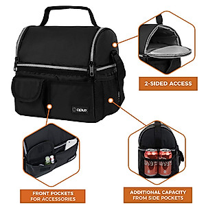 opux Insulated Dual Compartment Lunch Bag for Men, Women | Double Deck Reusable Lunch Pail Cooler Bag, Soft Leakproof Liner | Large Lunch Box Tote for Work, School (Black)