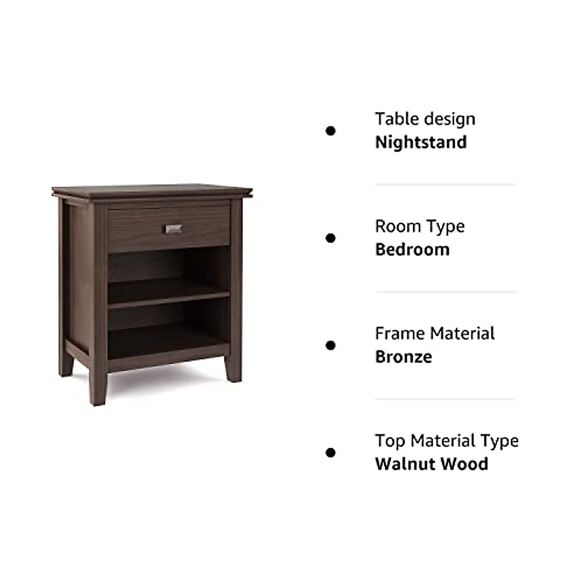 SIMPLIHOME Artisan 24 inches Wide Night Stand, Bedside table, Warm Walnut Brown SOLID WOOD, Rectangle, with Storage, 1 Drawer and 2 Shelves, For the Bedroom, Contemporary Modern