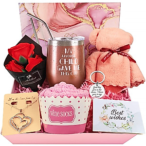 JETIKON Christmas Birthday Gifts for Mom Women My Favorite Child Gave Me This Wine Tumbler Necklace Sock Basket Best Grandma Gifts from Daughter Son Mother’s Day Gifts Boxes 12 Pack