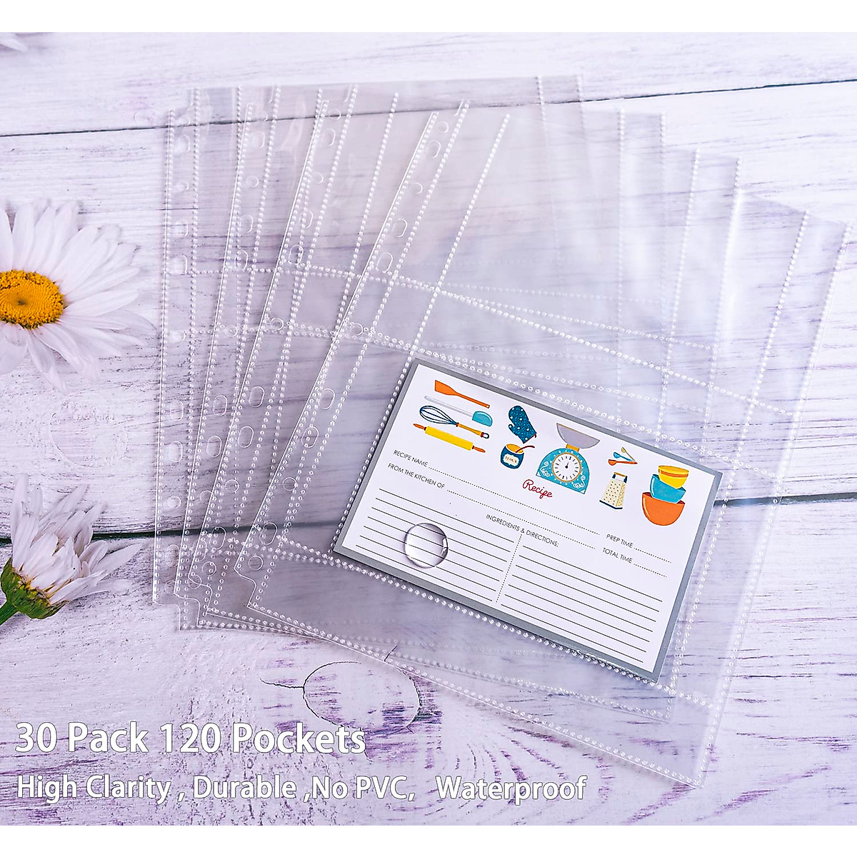 30 Pack 120 Pockets 4x6 Recipe Card Sleeves,3 Ring Binder Recipe Card Protector Pages,Double Sided 2 Pocket Refill Sheets for Recipe Book, 8.5x11 Inch Top Loading Clear Sleeve Sheets