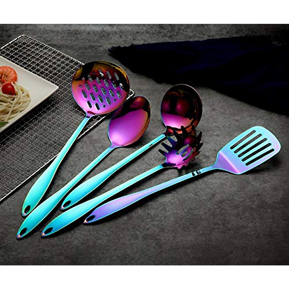 HOMQUEN Stainless Steel Kitchen Utensil Set - 5 Cooking Utensils, Rainbow Color Nonstick Kitchen Utensils Set, Colorful Titanium Plated Set Kitchen Tools Gadgets
