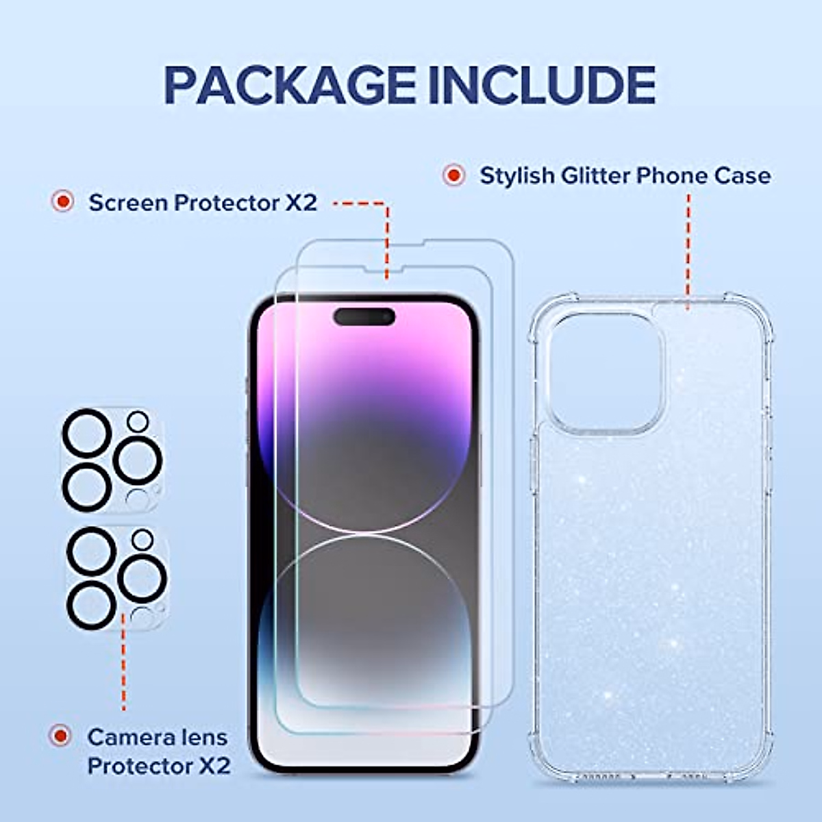 BERFY for iPhone 14 Pro Case Glitter Clear, with 2X Screen Protector + 2X Camera Lens Protector, [Non-Yellowing] [Military Grade Protection] Cute Bling Shockproof Phone Case 6.1 Inch, Shiny Clear