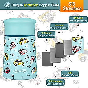 Charcy 9 Ounce Kids Thermos for Hot Food - Insulated Food Jar for Hot & Cold Food - Flat Lid Green Car