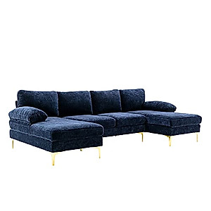 Verfur 5-Seater Sectional Sofa with Extra Wide Chaise and Movable Ottoman, U Shaped Convertible Couch Bed with Golden Metal Legs,Velvey Sofa&Couches Corner, Navy Blue