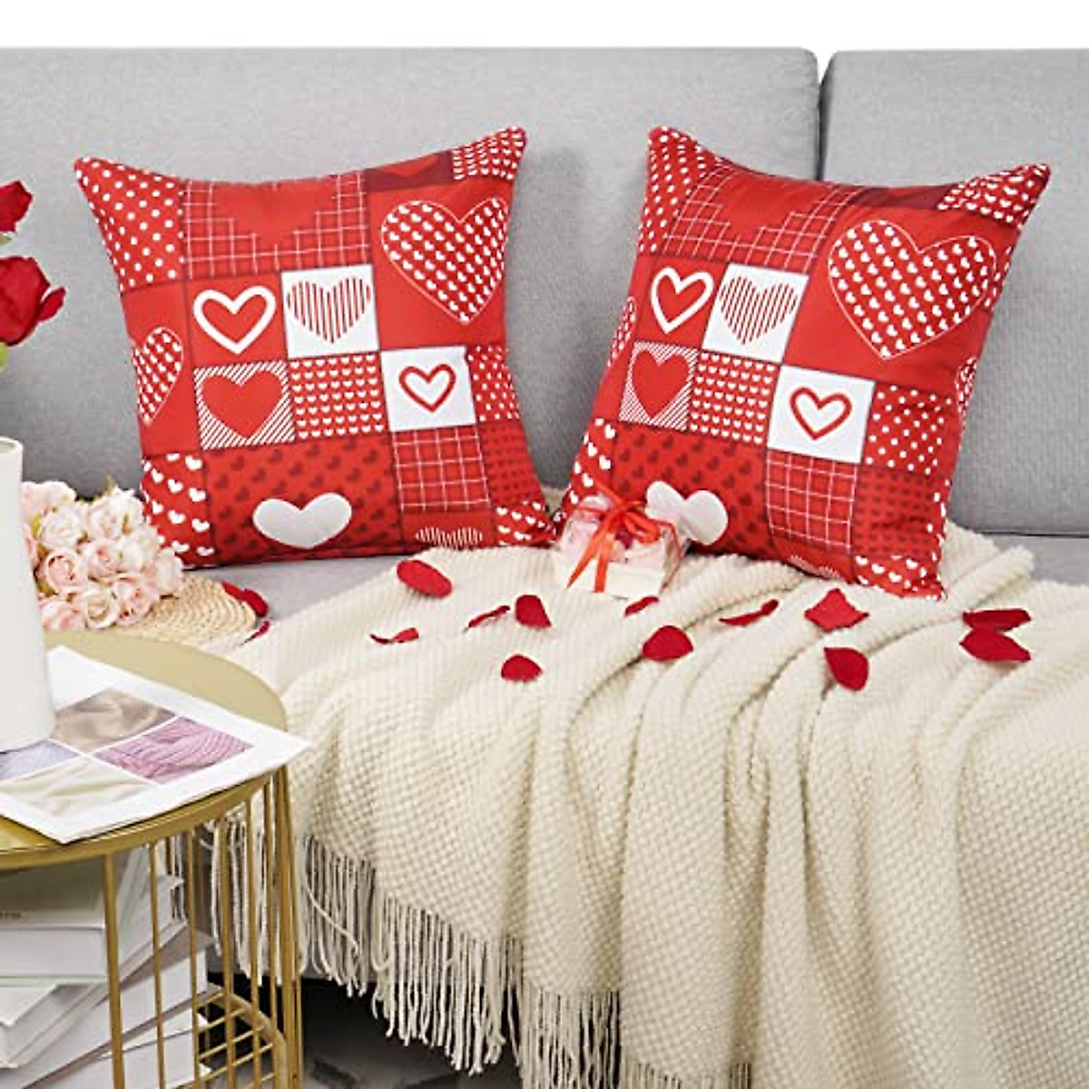 Valentine's Day Pillow Covers 18 x 18 Inch, Set of 2 Red Waterproof Throw Pillow Covers Outdoor, Love Heart Plaid Decorative Cushion Pillow Cases for Anniversary Couch Patio Furniture Bench Bed Sofa