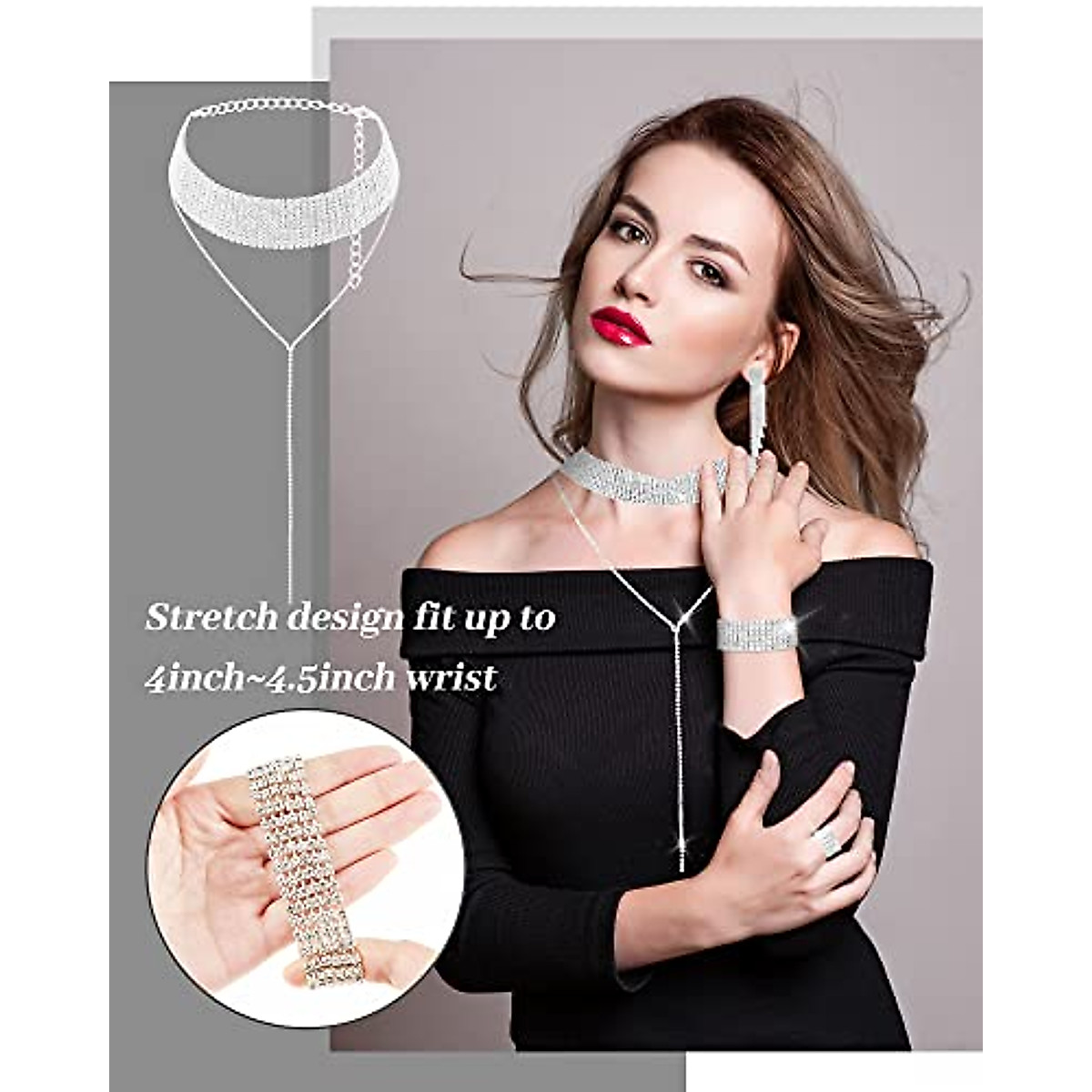 5 Pieces Silver Clutch Purse Rhinestone Evening Purses Crystal Jewelry Set Include Rhinestone Tassel Necklace Bangle Bracelet Dangle Fringe Earrings Ring for Women Wedding Party Bridal Handbag