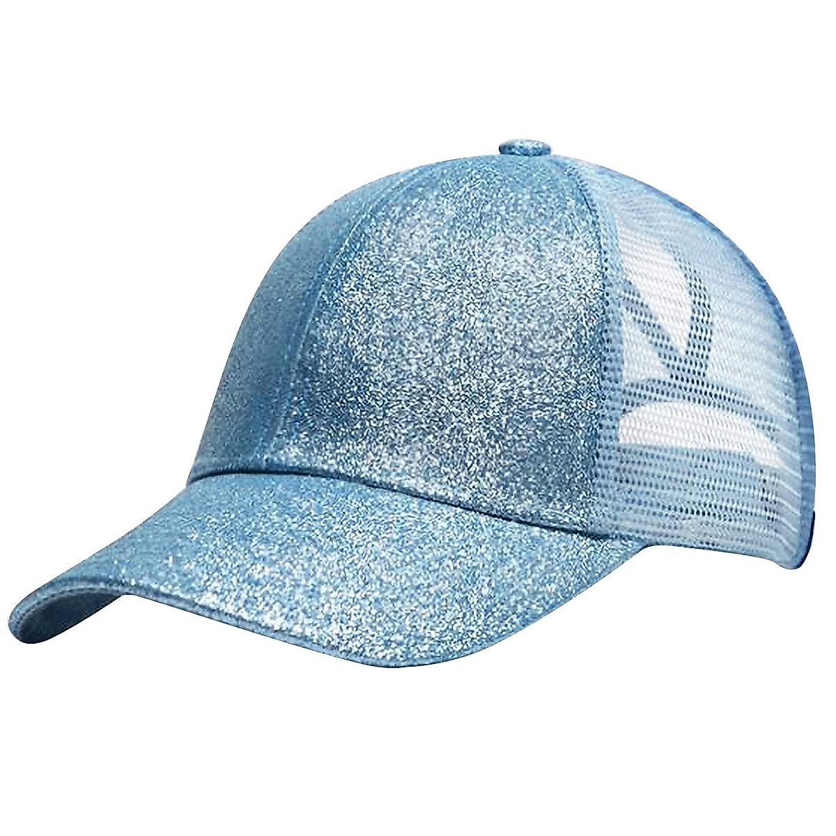 Anna-Kaci Womens Baseball Cap Glitter Ponytail Hat High Messy Bun Ponycap Trucker Dad Hat, Blue