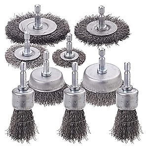 WENORA 9 Pcs Wire Brush Wheel for Drill, 0.012 Coarse Carbon Steel Crimping Wire Brush for Drill, 1/4 Inch Hex Shank, Wire Brush Drill Bit, Wire Brush for Rust Removal, Wire Brush Drill Attachments