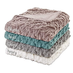 Comfort Spaces Ruched Faux Fur Plush 3 Piece Throw Blanket Set Ultra Soft Fluffy with 2 Square Pillow Covers, 50"x60", Teal