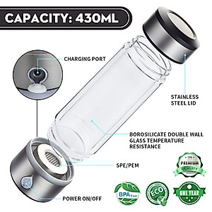 SAIKUN Hydrogen Rich Water Cup ，PEM Technology Ionizer ， Portable USB Rechargeable Ionized Water Generator Anti Aging Antioxidant Glass Bottle- 350ml