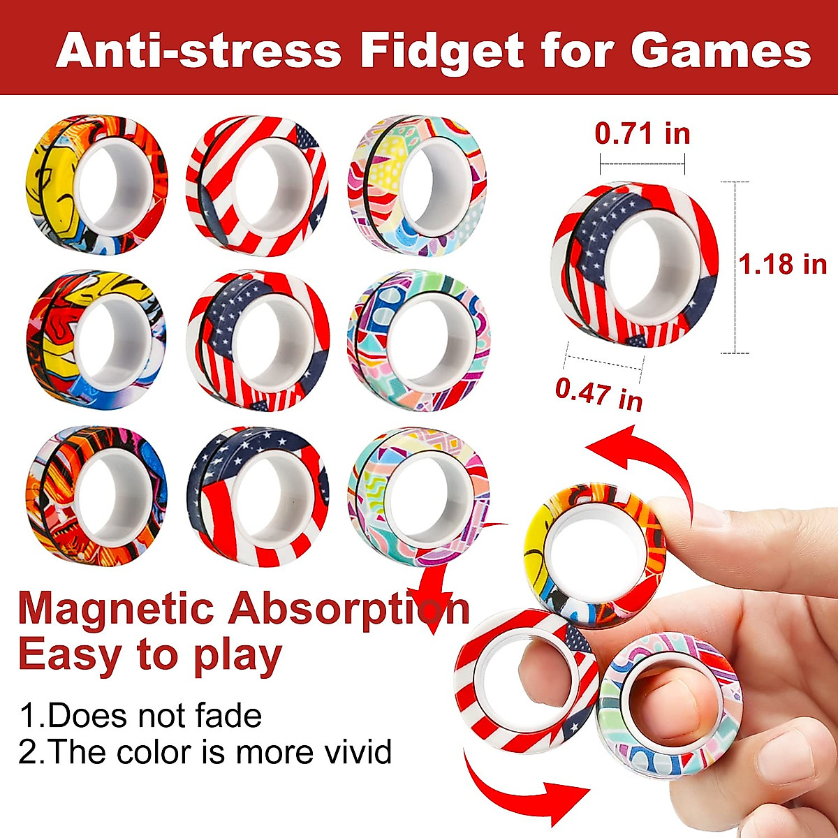 Pushmick 9 Pcs Finger Magnetic Rings Fidget Toys, Colorful Magnet Rings, Great Fidget Rings for Training Relieves Reducer Autism Anxiety.