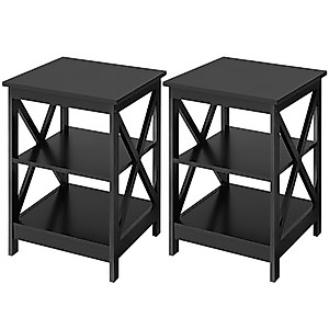 Yaheetech Black End Table Set of 2, 16x16x24 in Sturdy 3-Tier Side Tables with Storage Shelf & Solid Wood Legs, 2Pcs X-Design Modern Sofa Side Table for Living Room Office, Easy Assembly