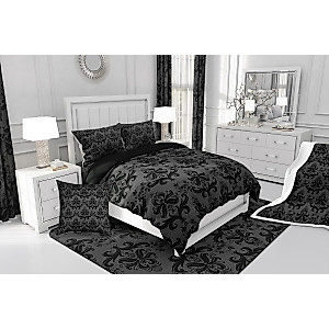 Feelyou Black Bedding Set Twin Size Kids Jacquard Comforter Cover Set for Boys Teens Sugar Skull Duvet Cover Exotic Black Damask Bedspread Cover Room Decor Quilt Cover