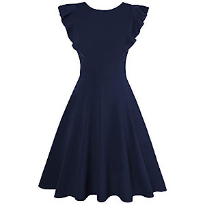 IHOT Women's Cocktail Dress Vintage Ruffle Floral Flared A Line Swing Casual Party Dresses with Pockets Navy Blue Large
