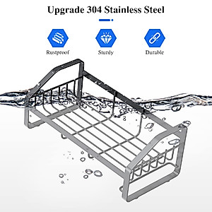 BSKSSK Sink Caddy, Sponge Holder for Kitchen Sink, Kitchen Bathroom Sink Organizer, 304 Stainless Steel Kitchen Countertop Organizer Soap Tray with Removable Drain Tray Length Version - Black