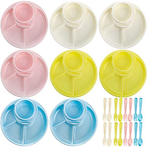 Hedume Set of 8 Toddler Feeding Divided Plates with Fork and Spoon, 4-Compartment Divided Plastic Kids Tray with Deep Sides for Baby, Toddler & Child Feeding, BPA Free, Microwave & Dishwasher Safe