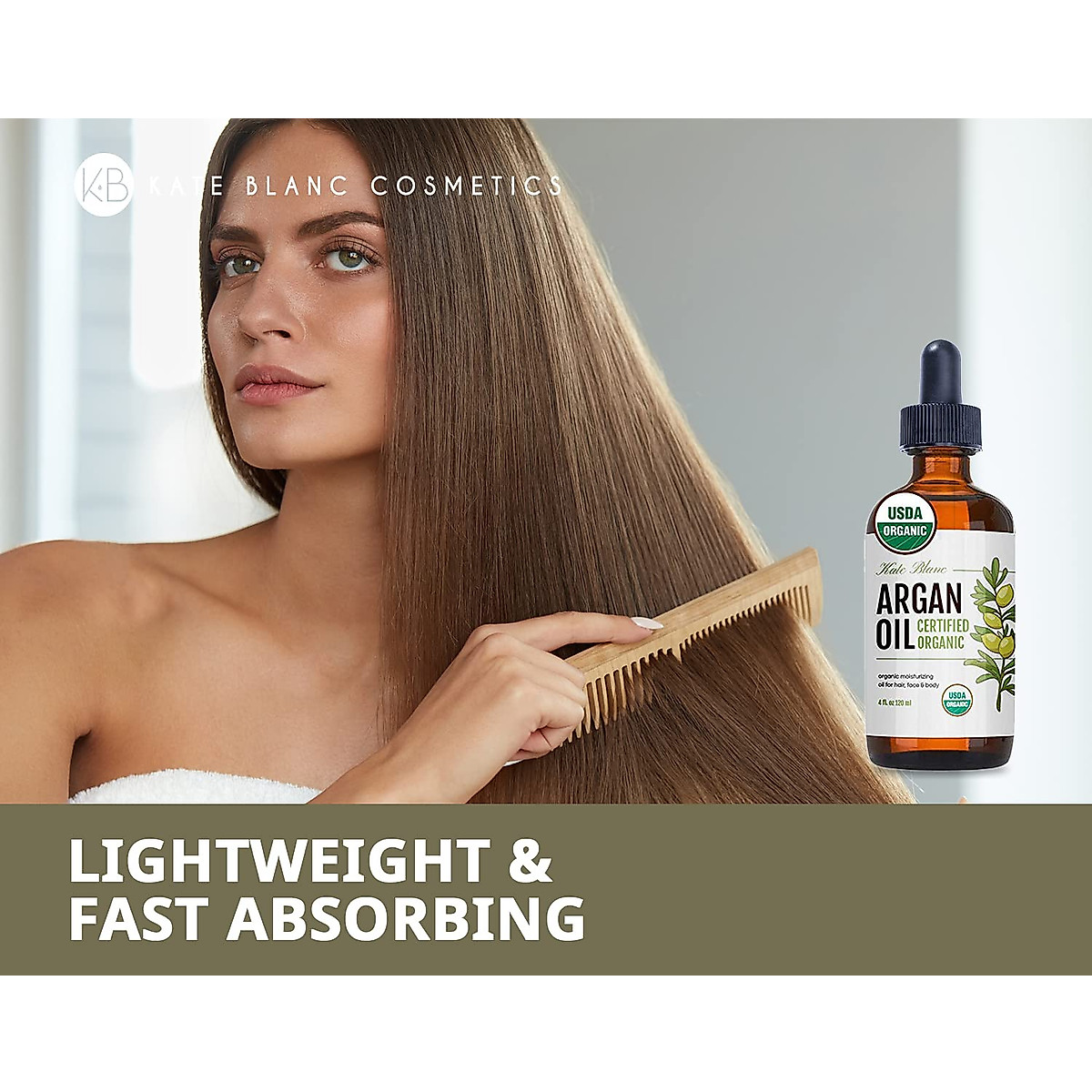 Kate Blanc Cosmetics Argan Oil for Hair, Face & Skin from Morocco. Promotes Hair Growth (4oz, USDA Certified Organic, Cold Pressed & 100% Pure)