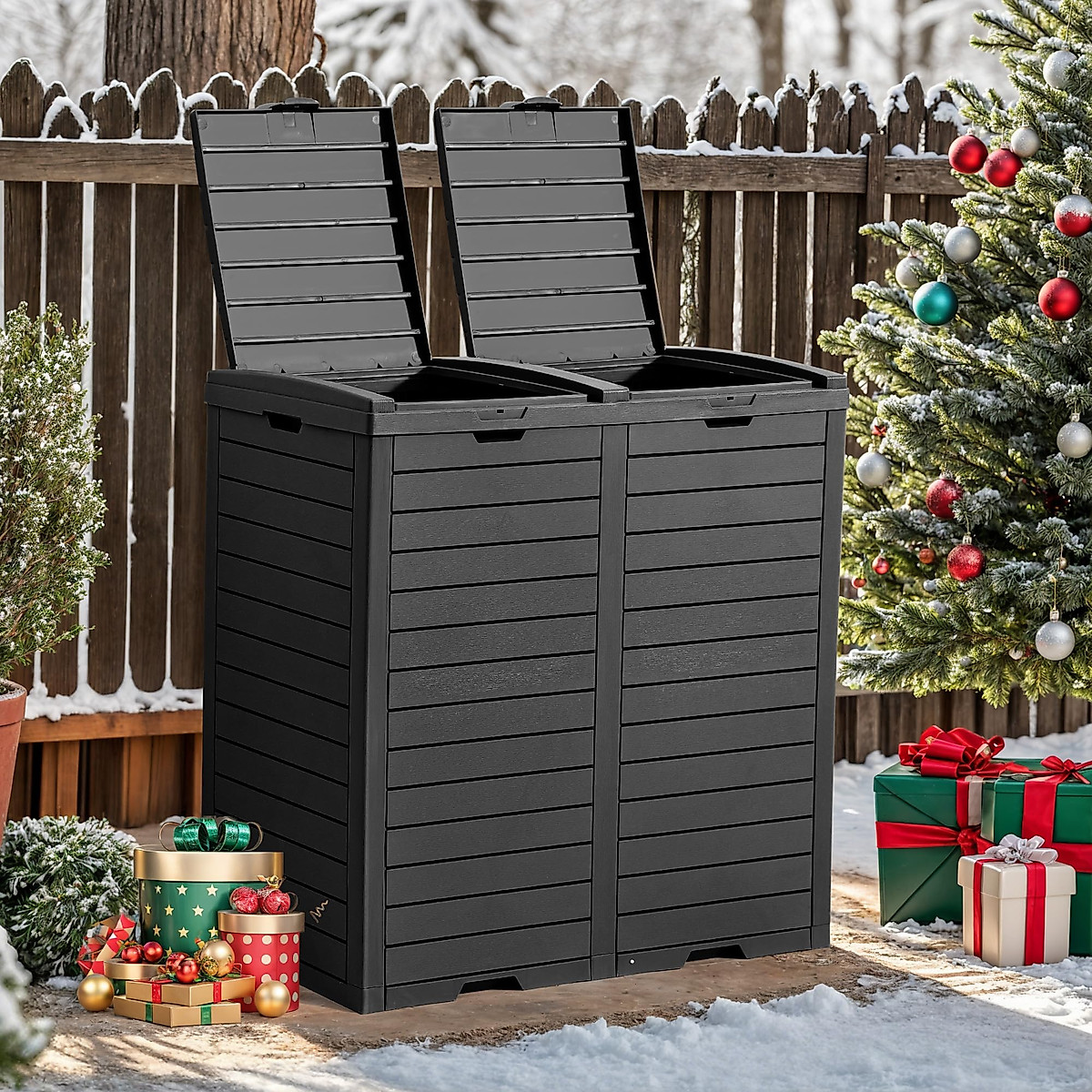 DWVO 62-Gallon Outdoor Resin Trash Can with Dual Lid and Drip Trays, 248 Quart Hideaway Garbage Bin for Porch, Backyard, Deck, Patio, Poolside, Easy Maintenance, 30.7''L x 16.3''W x 33.9''H (Black)