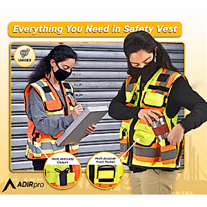 AdirPro Safety Vest - High Visibility Reflective with Zipper and Utility Pockets for Surveyors Engineers Class 2 Construction Workers, Fluorescent Yellow, 10