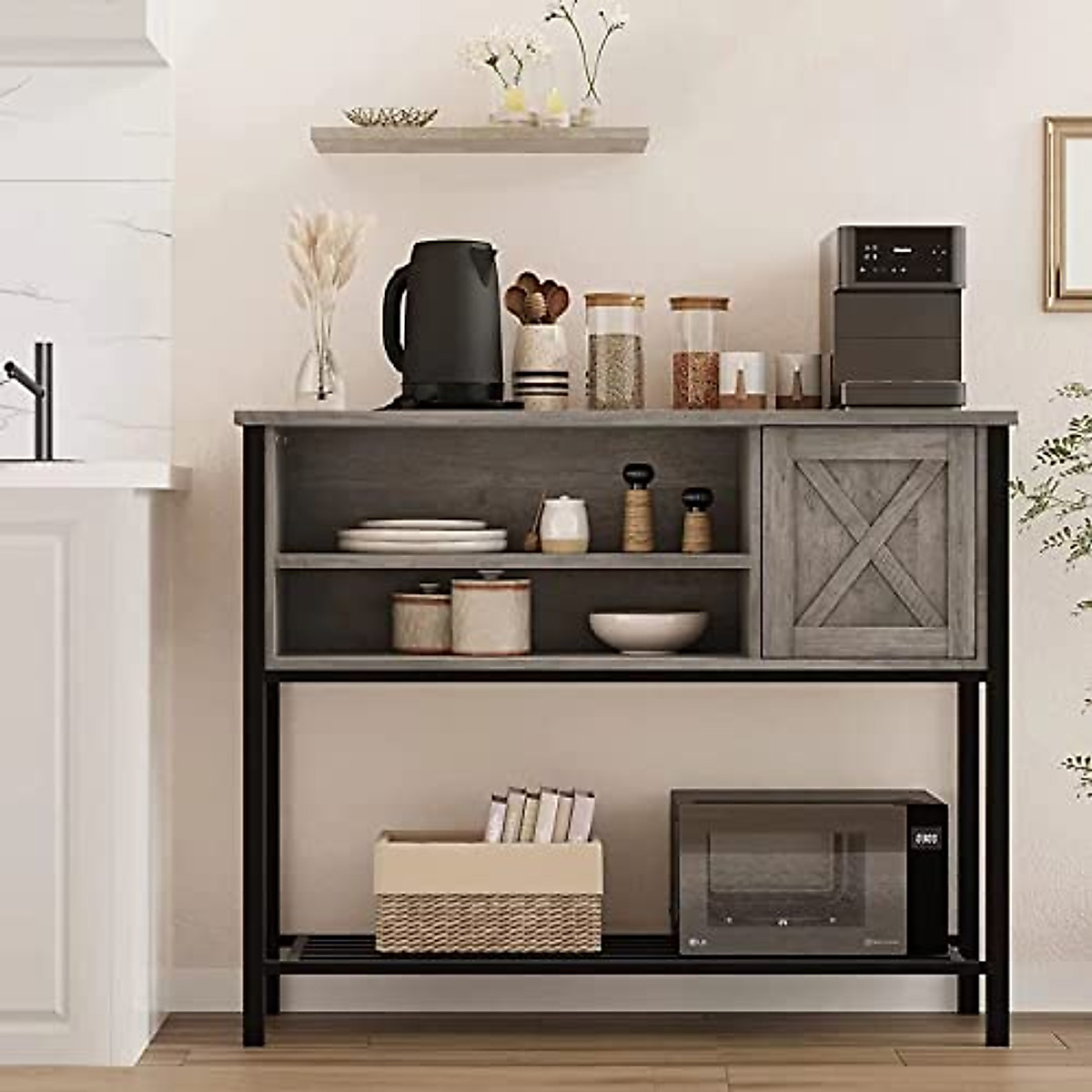 IDEALHOUSE Buffet Storage Cabinet, Coffee Bar Cabinet with Storage, Kitchen Farmhouse Buffets and Sideboards with Door and Shelves Wood Console Table for Entryway, Dinning, Living Room