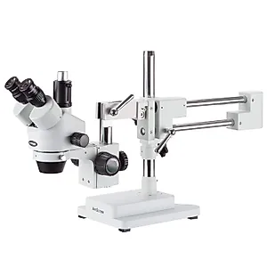 AmScope SM-4TPY Professional Trinocular Stereo Zoom Microscope with Simultaneous Focus Control, WH10x Eyepieces, 7X-90X Magnification, 0.7X-4.5X Zoom Objective, Ambient Lighting, Double-Arm Boom Stand, Includes 2.0X Barlow Lens