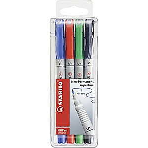 STABILO OHP Pen OHP Pen Soluble - Superfine - Wallet of 4 - Assorted Colours