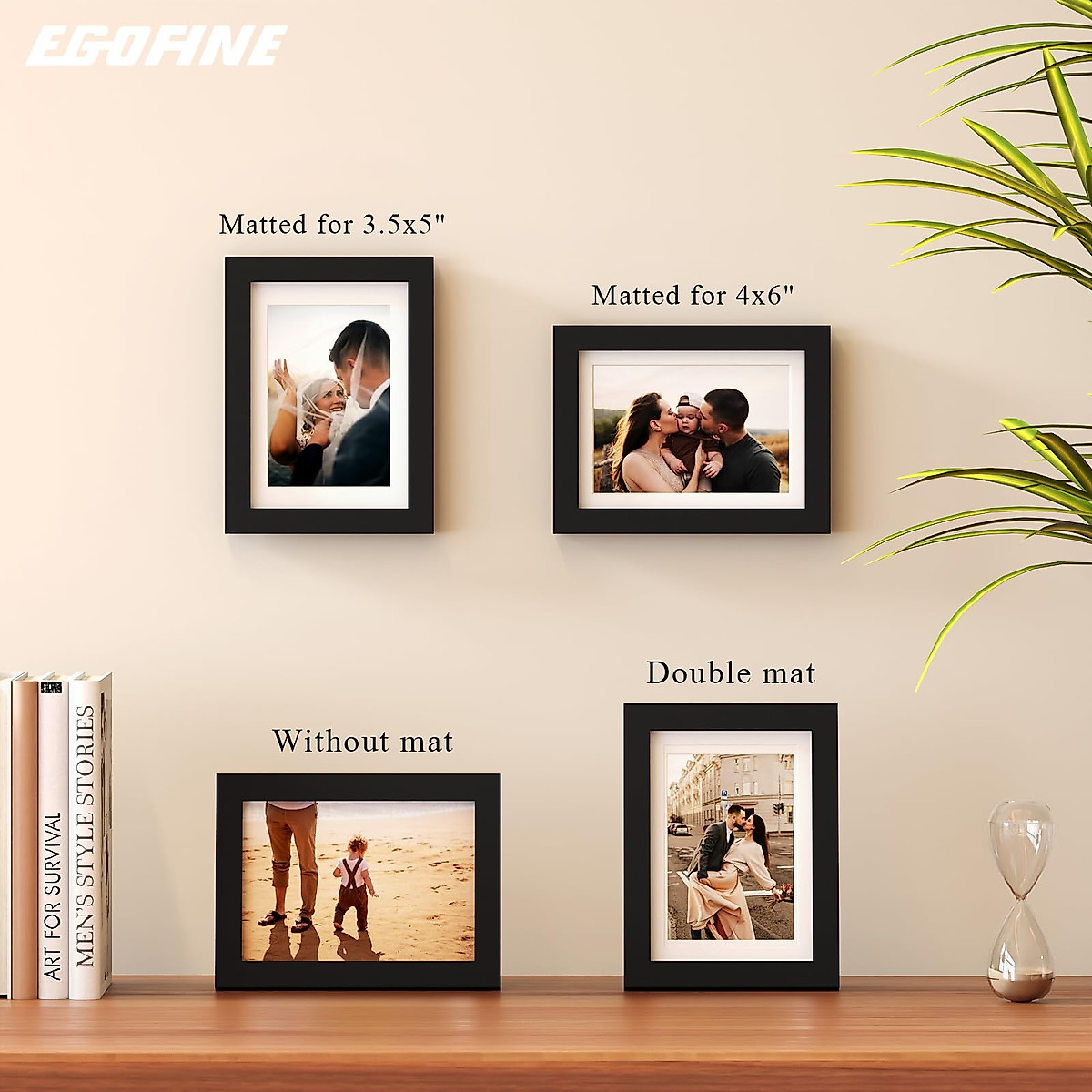 Egofine 5x7 Picture Frames Set of 4, Made of Solid Wood Covered by Plexiglass 3.5x5 and 4x6 with Mat or 5x7 without Mat, for Table Top Display and Wall Mounting Photo Frame White