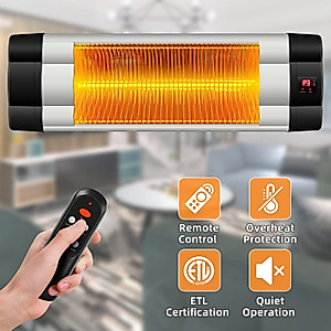 COSTWAY Wall Mounted Patio Heater, 1500W Electric Infrared Heater with Remote Control, 24H Timer, Carbon Fiber Tube, Waterproof Indoor Outdoor Haning Heater for Patio Garage Balcony Porch