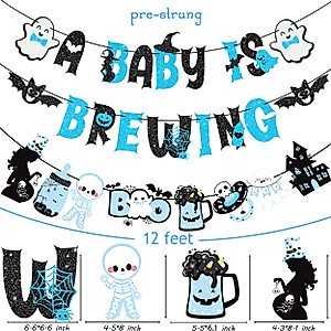 Halloween A Baby Is Brewing Banner Halloween Baby Shower Party Decorations 3pcs Blue and Black A Baby Is Brewing Banners for Boy Halloween Party Spooky Ghost Boo Theme Party Pumpkin Bat Witch Theme Baby Shower Supplies