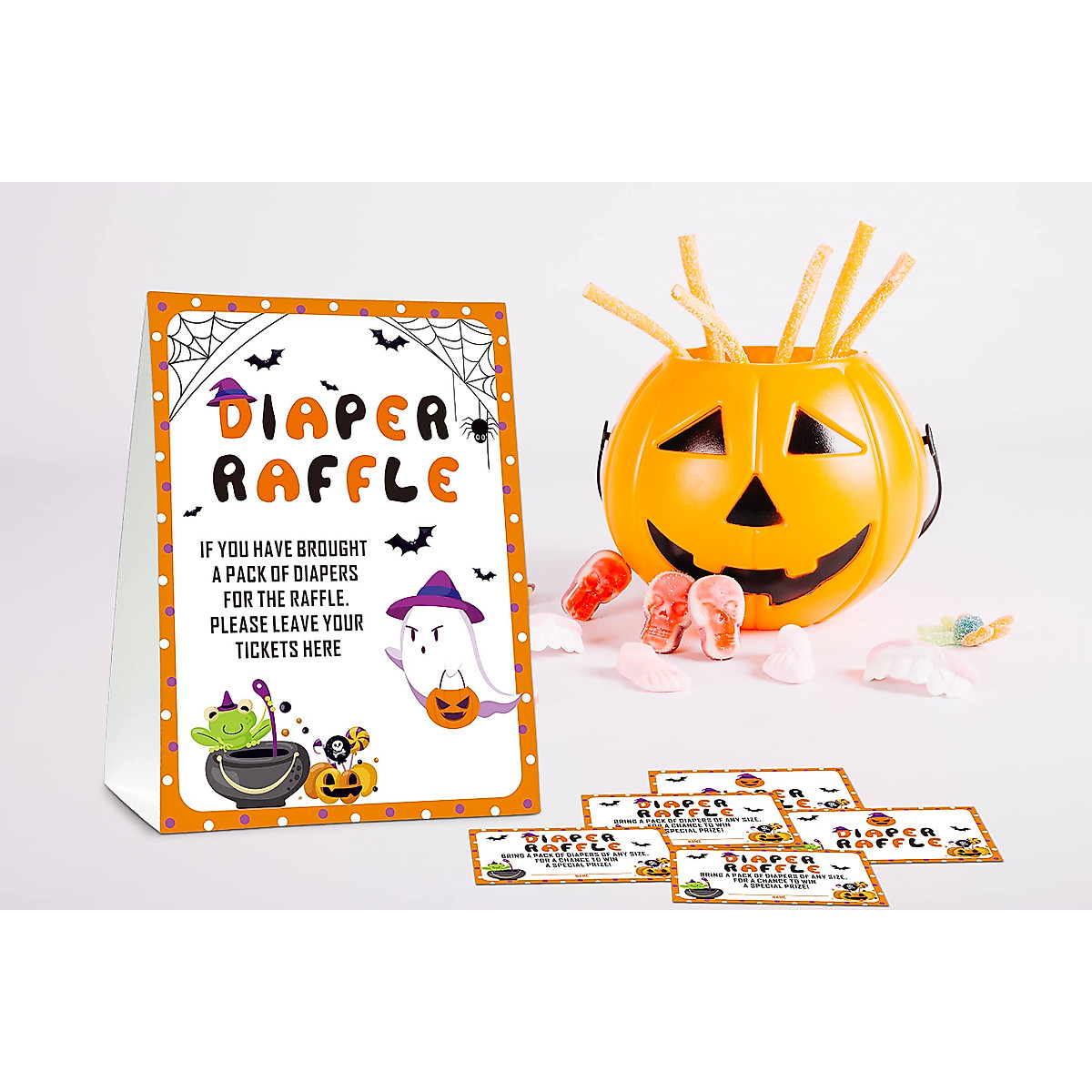Halloween Diaper Raffle Game Sign and Card, Halloween Baby Shower Party Game Set, 1 Sign With 50 Raffle Tickets –LK-013