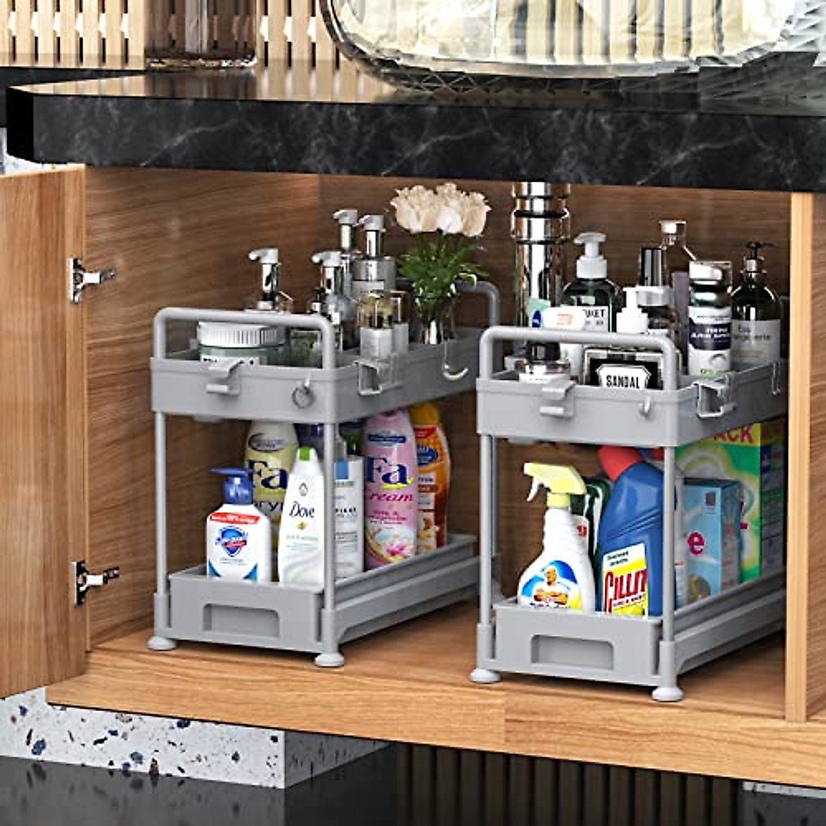 SOLEJAZZ 2-Tier Under Sink Organizer, Sliding Under Bathroom Cabinet Storage Drawer Organizer with Hooks, Hanging Cup, Dividers, Handles, Multi-purpose Under Sink Shelf Organizer, Gray, 2 Pack