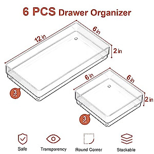 SMARTAKE 6 PCS Clear Plastic Drawer Organizers Set, Large Size Non-Slip Desk Drawer Organizer, 2-Size Versatile Bathroom and Vanity Drawer Organizer Trays for Makeup, Bedroom, Office, Kitchen Utensils
