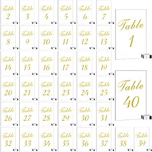 Acrylic Wedding Table Numbers with Stands 1-40 Gold Table Number Signs and Holders 4 x 6 Inch Printed Calligraphy Table Number Holders Clear Acrylic Sign for Wedding Reception Centerpiece Event Party