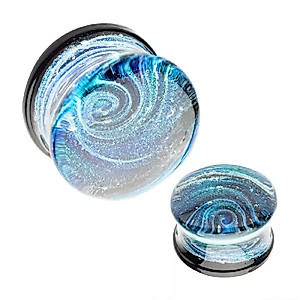 Pierced Owl Blue Galaxy Sparkle Swirl Design Glass Double Flared Plugs, Sold As Pair (11mm (7/16"))