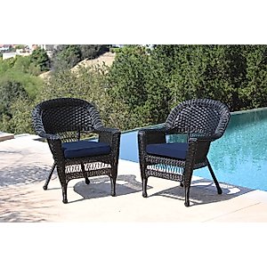 Jeco Wicker Chair with Blue Cushion, Set of 2, Black/W00207-
